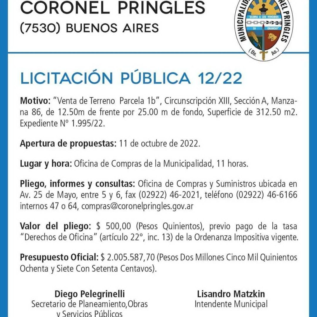Licitaciones de terrenos en Brown y 61 | El Orden de Pringles